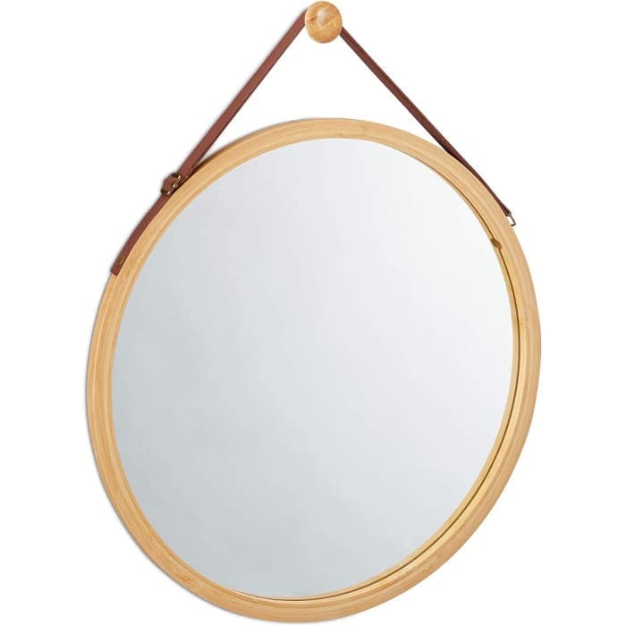 Makeup mirror - hanging round wall mirror 45 cm - solid bamboo frame