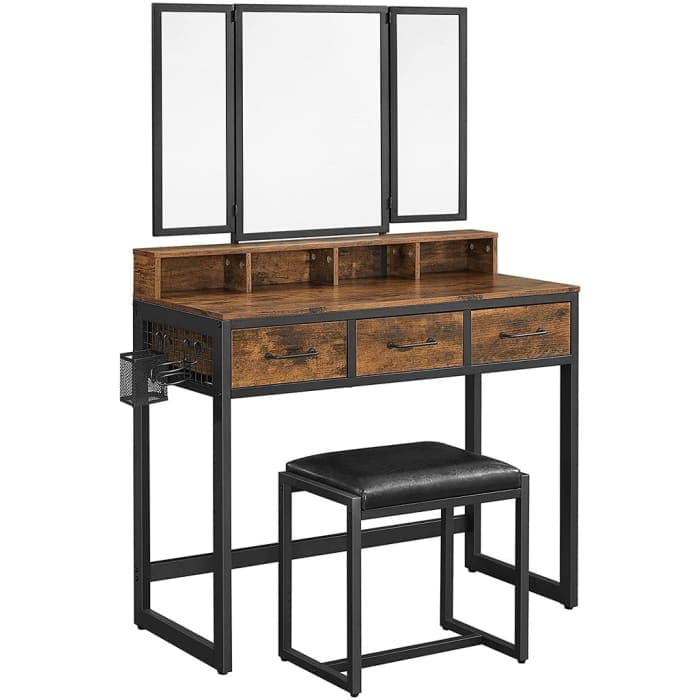 Makeup mirror - vasagle dresser table with trifold mirror rustic brown